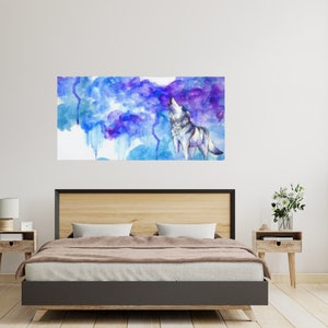 Wolf Watercolor Wall Art, Vibrant Full Moon Nature Healing Art, Women ...