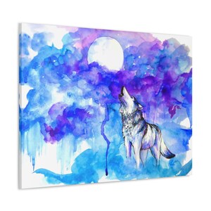 Wolf Watercolor Wall Art, Vibrant Full Moon Nature Healing Art, Women ...