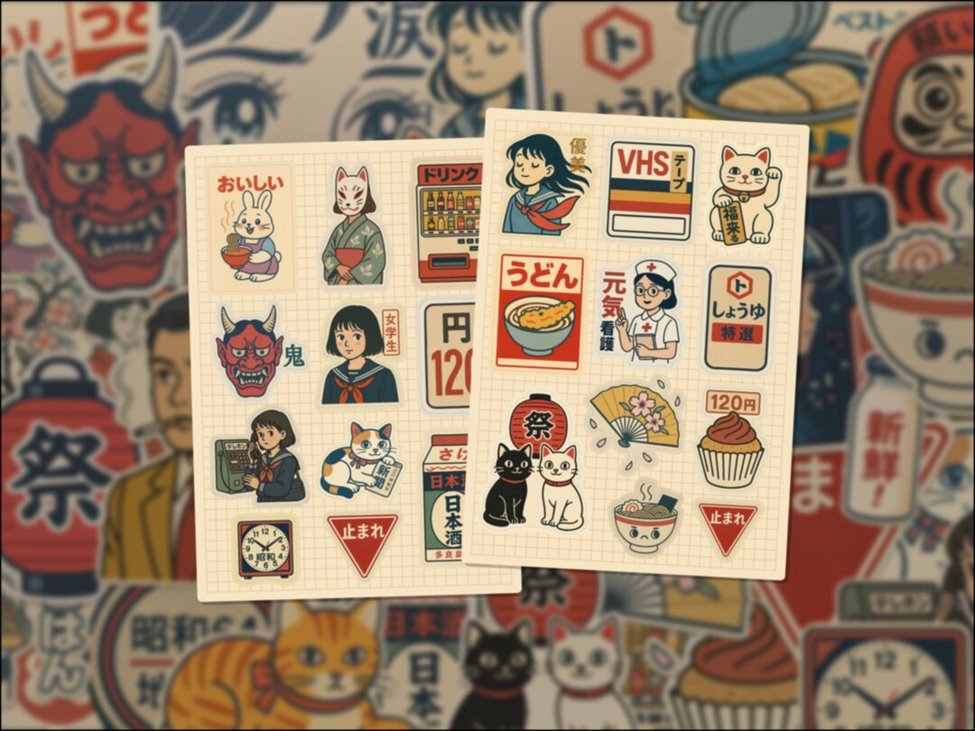 Retro Japanese Stickers Printable 80s Showa Aesthetic With Schoolgirls ...