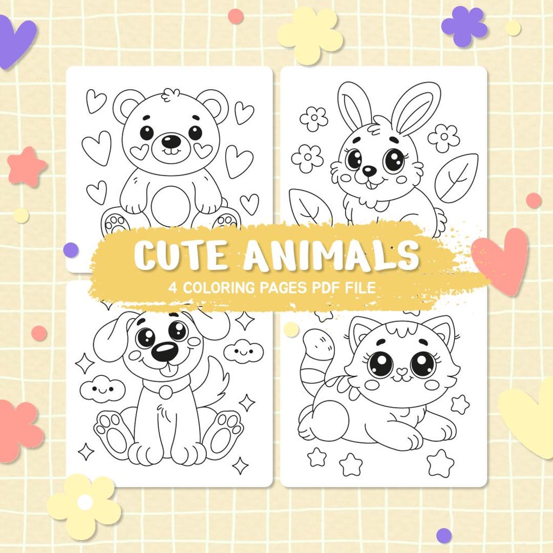 Cute Animals Coloring Pages – Printable PDF for Kids | Bear, Bunny, Dog ...
