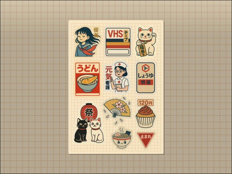 Retro Japanese Stickers Printable 80s Showa Aesthetic With Schoolgirls ...