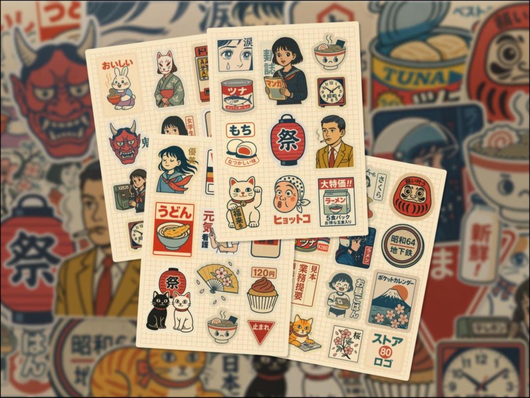 Retro Japan Sticker Bundle (4 Sheets) | Manga, Ramen, Street Signs ...