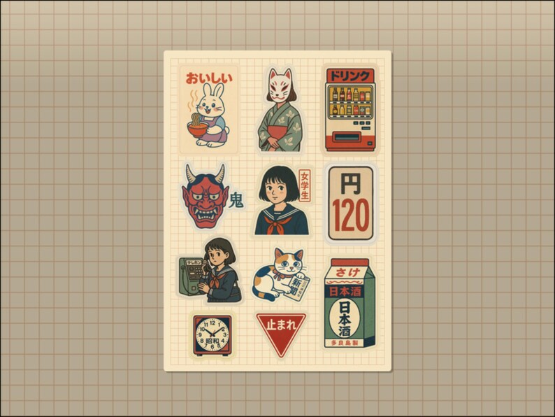 Retro Japan Sticker Bundle (4 Sheets) | Manga, Ramen, Street Signs ...