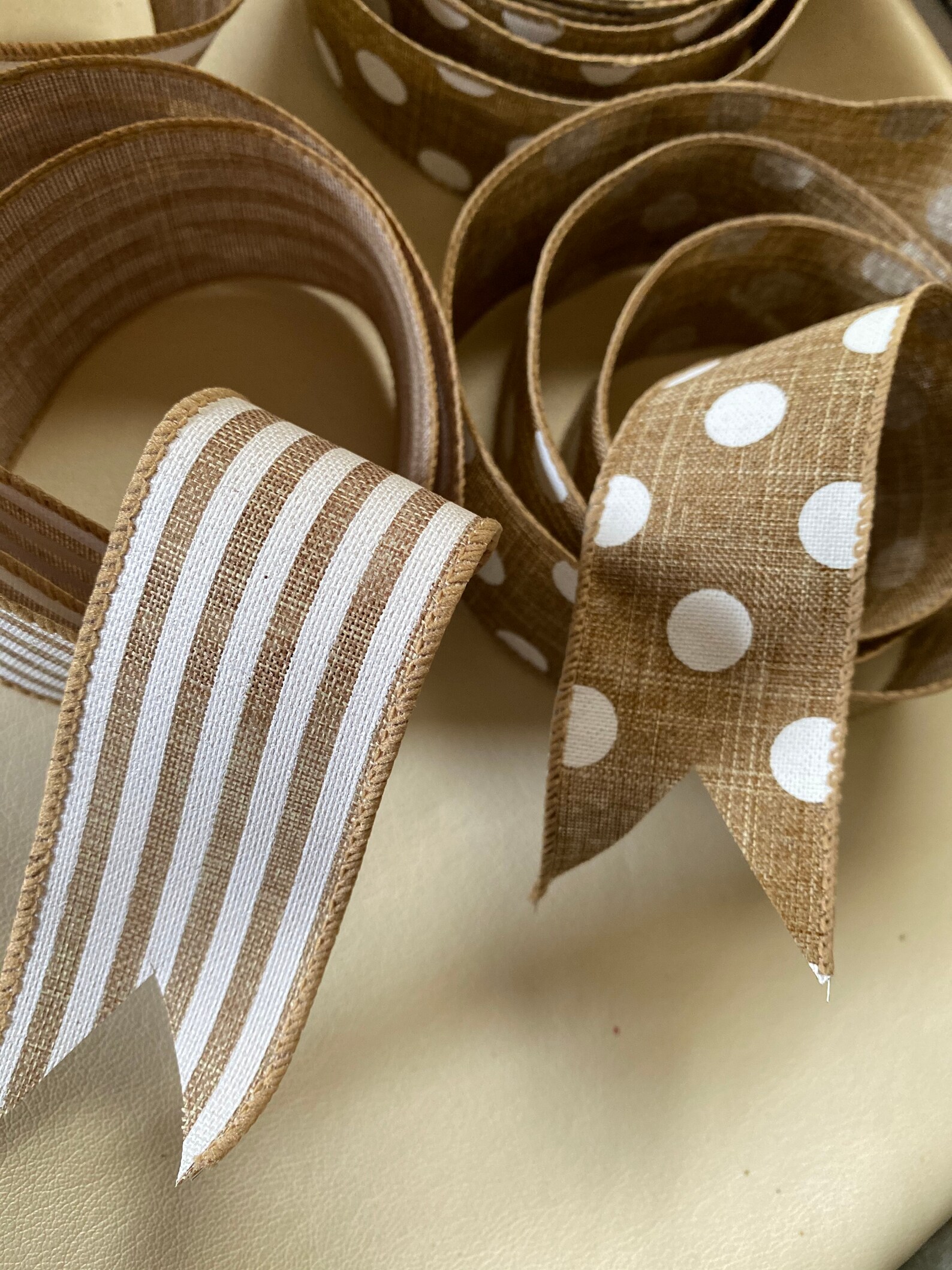 Beige and White Ribbon Wired Ribbon Stripe Polka Dot 1.5 Floral Ribbon ...