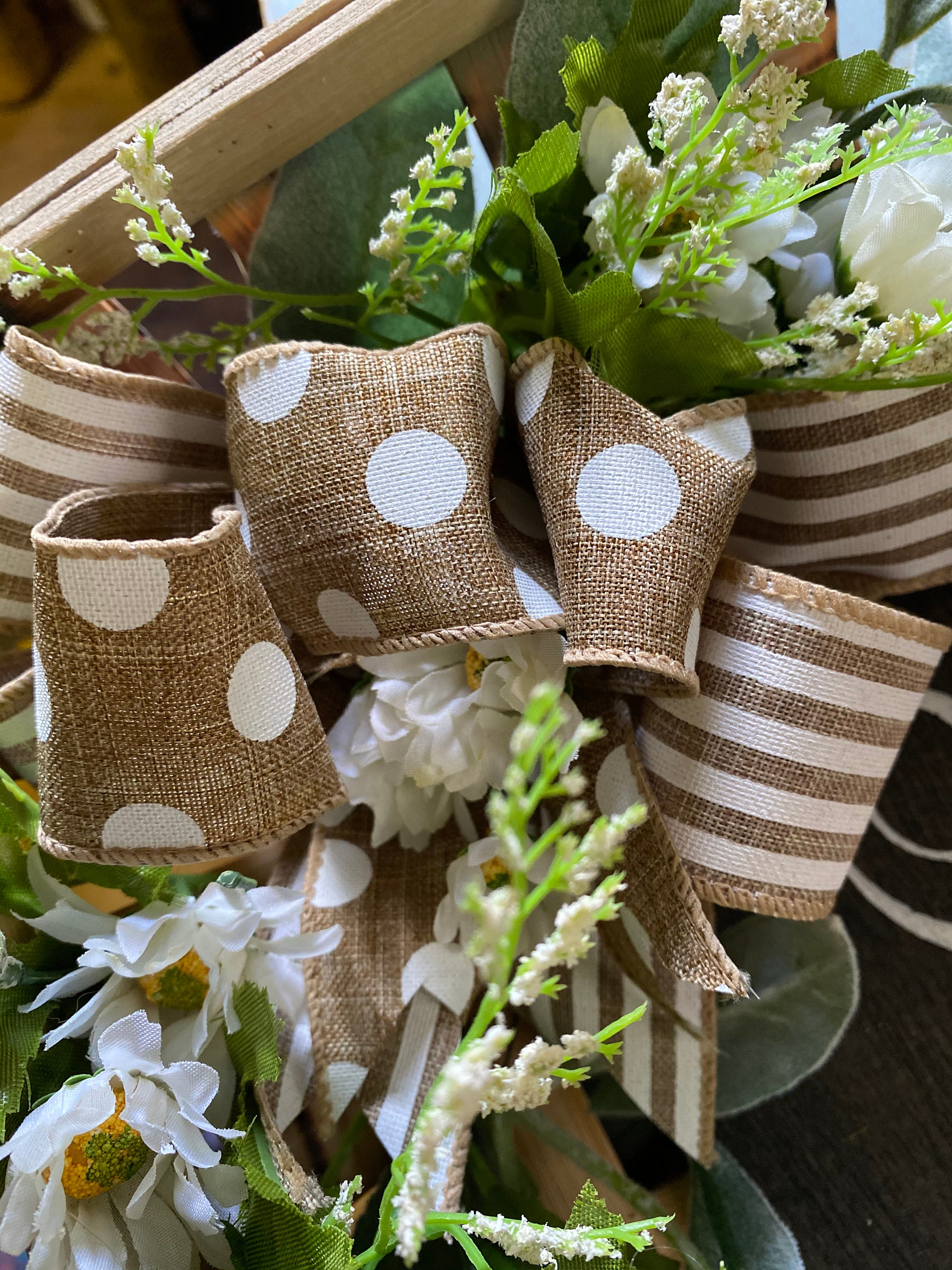 Beige and White Ribbon Wired Ribbon Stripe Polka Dot 1.5 Floral Ribbon ...