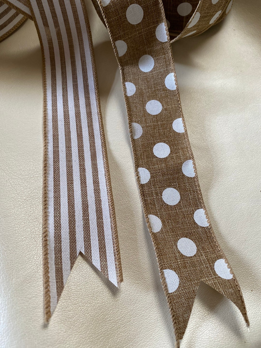Beige and White Ribbon Wired Ribbon Stripe Polka Dot 1.5 Floral Ribbon ...