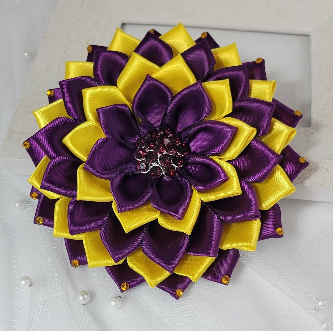 Deep Purple and Yellow Flower Pin With Rhinestone Petals, Brooch ...