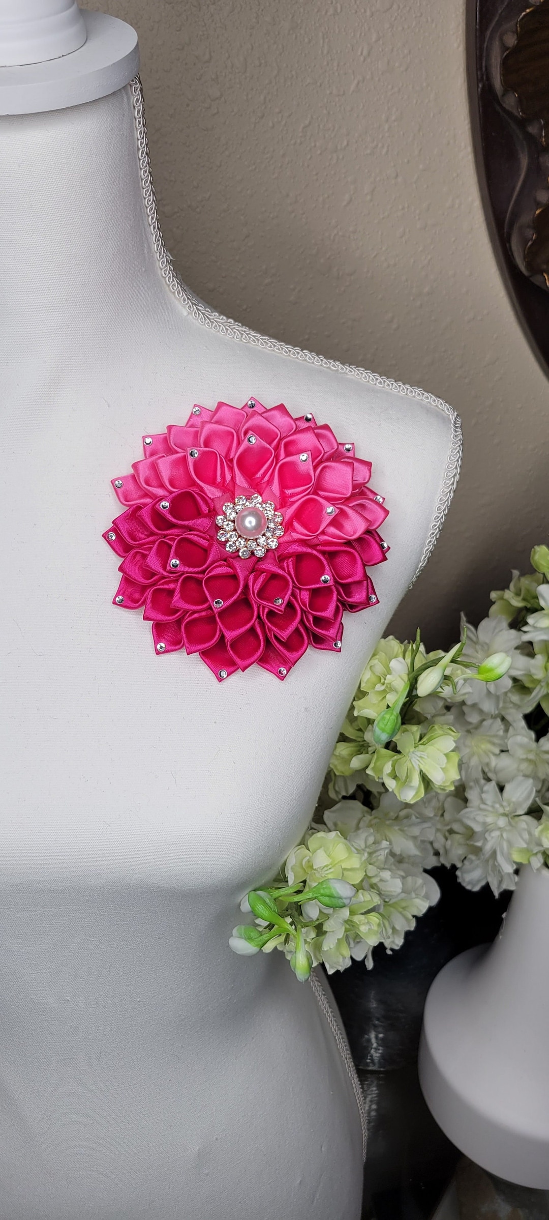 Light Pink and Hot Pink Brooch, Large Flower Brooch With Rhinestone ...