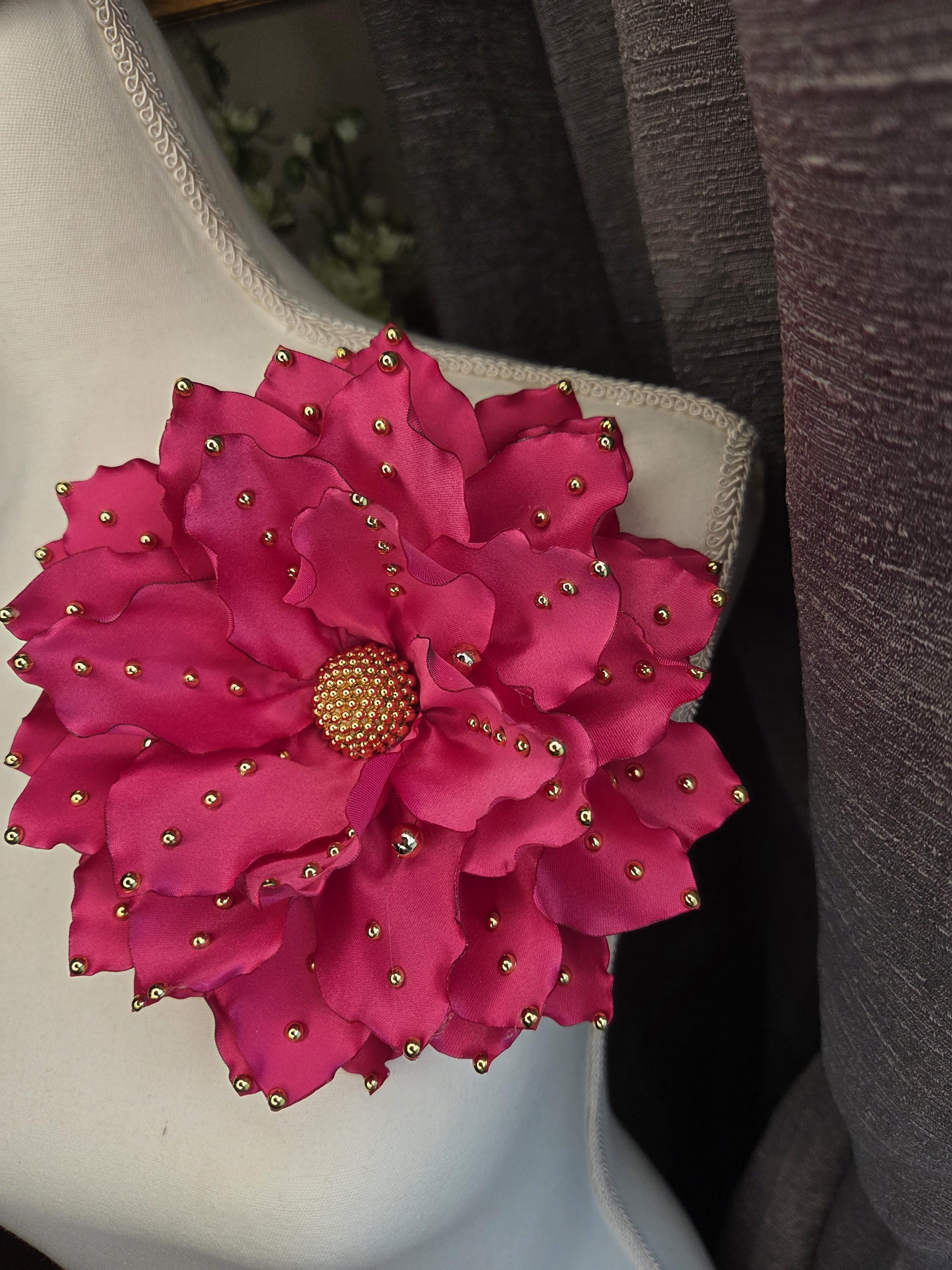 Hot Pink Satin Flower Brooch With Pearls – Shoulder Corsage Magnet or ...