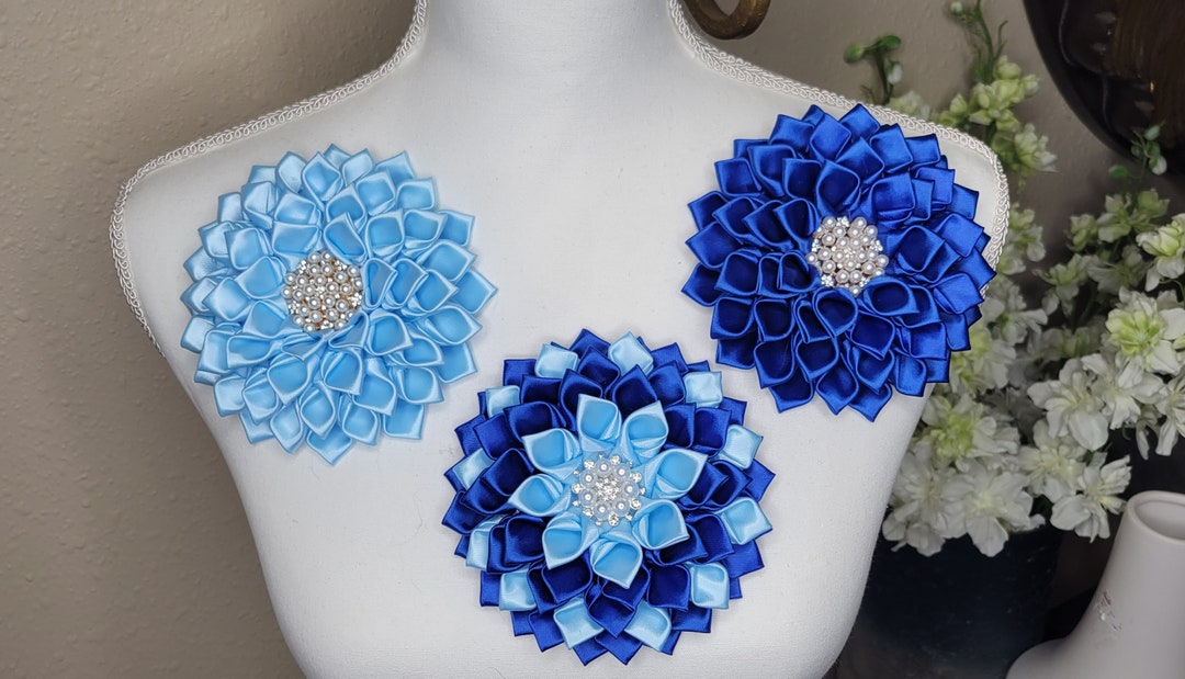 Shades of Blue, Royal Blue and Baby Blue Flower Pin With Rhinestone ...