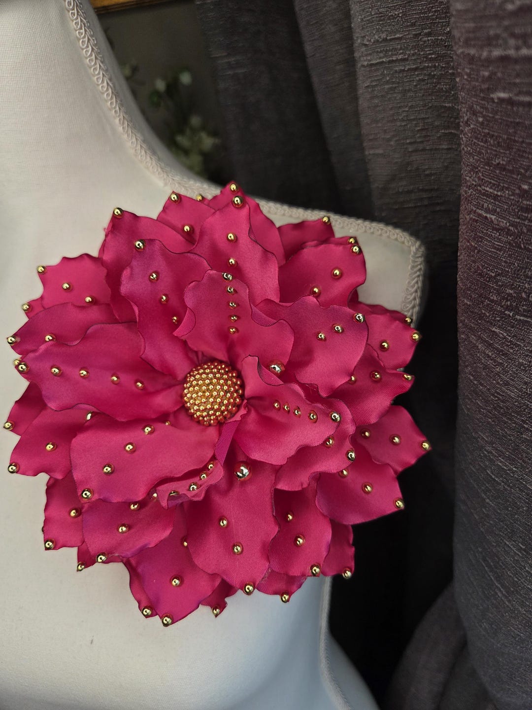 Hot Pink Satin Flower Brooch With Pearls – Shoulder Corsage Magnet or ...