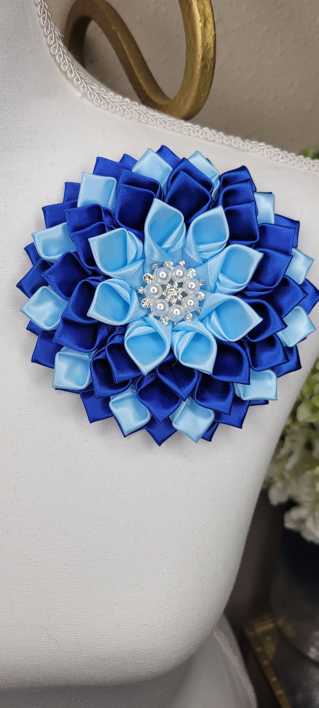 Royal Blue Satin Flower Brooch With Rhinestone Petals - Etsy
