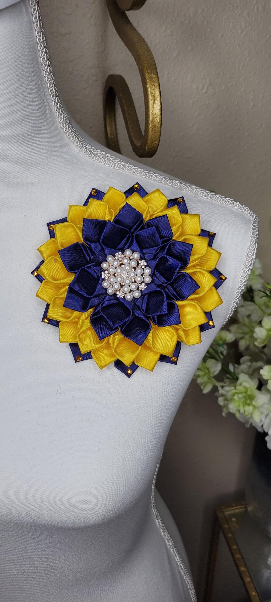 Navy Blue and Yellow Flower Pin With Rhinestone Petals, Brooch, Church ...