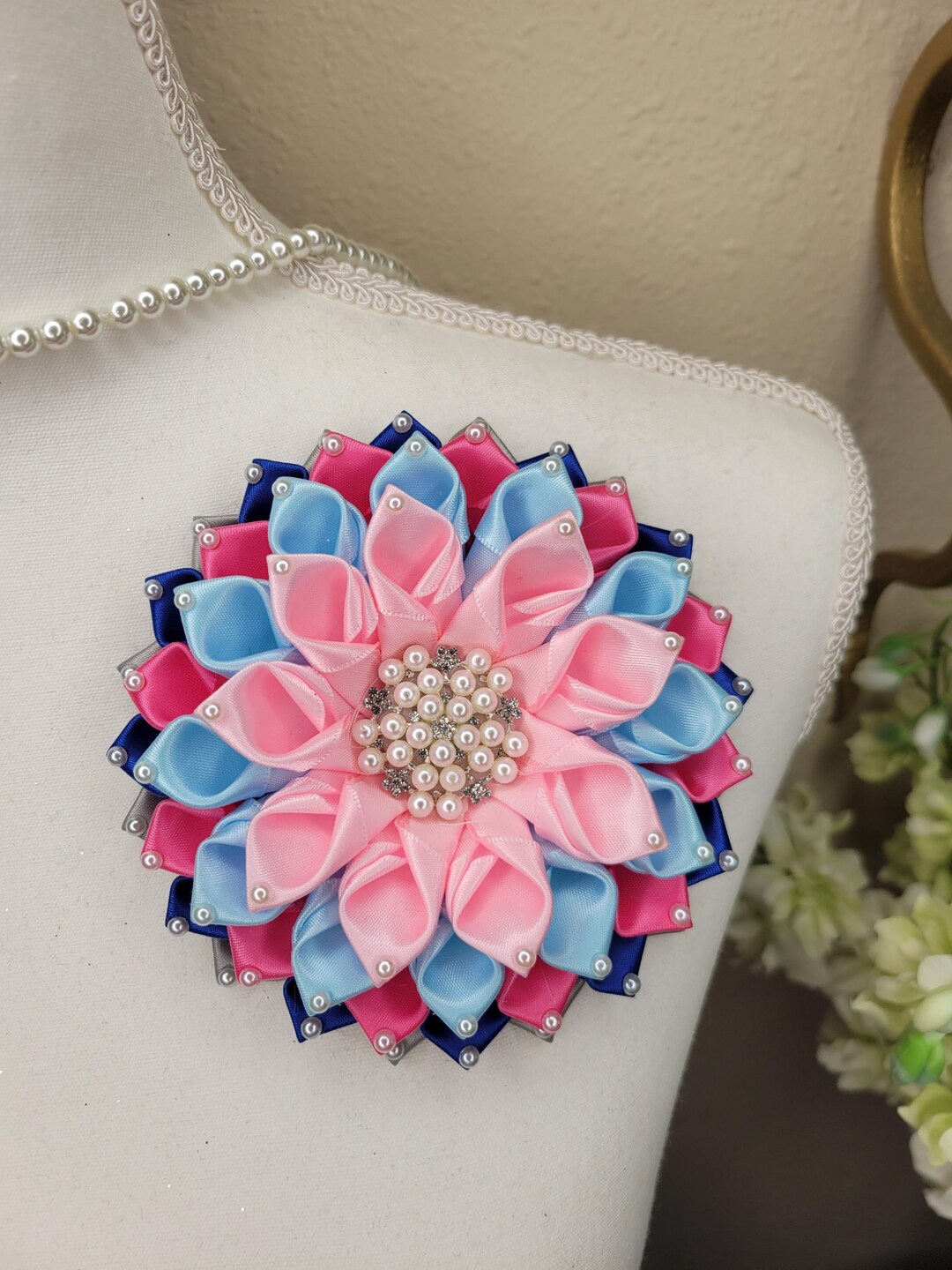 Satin Ribbon Flower Brooch With Faux Pearls, JJOA Brooch - Etsy