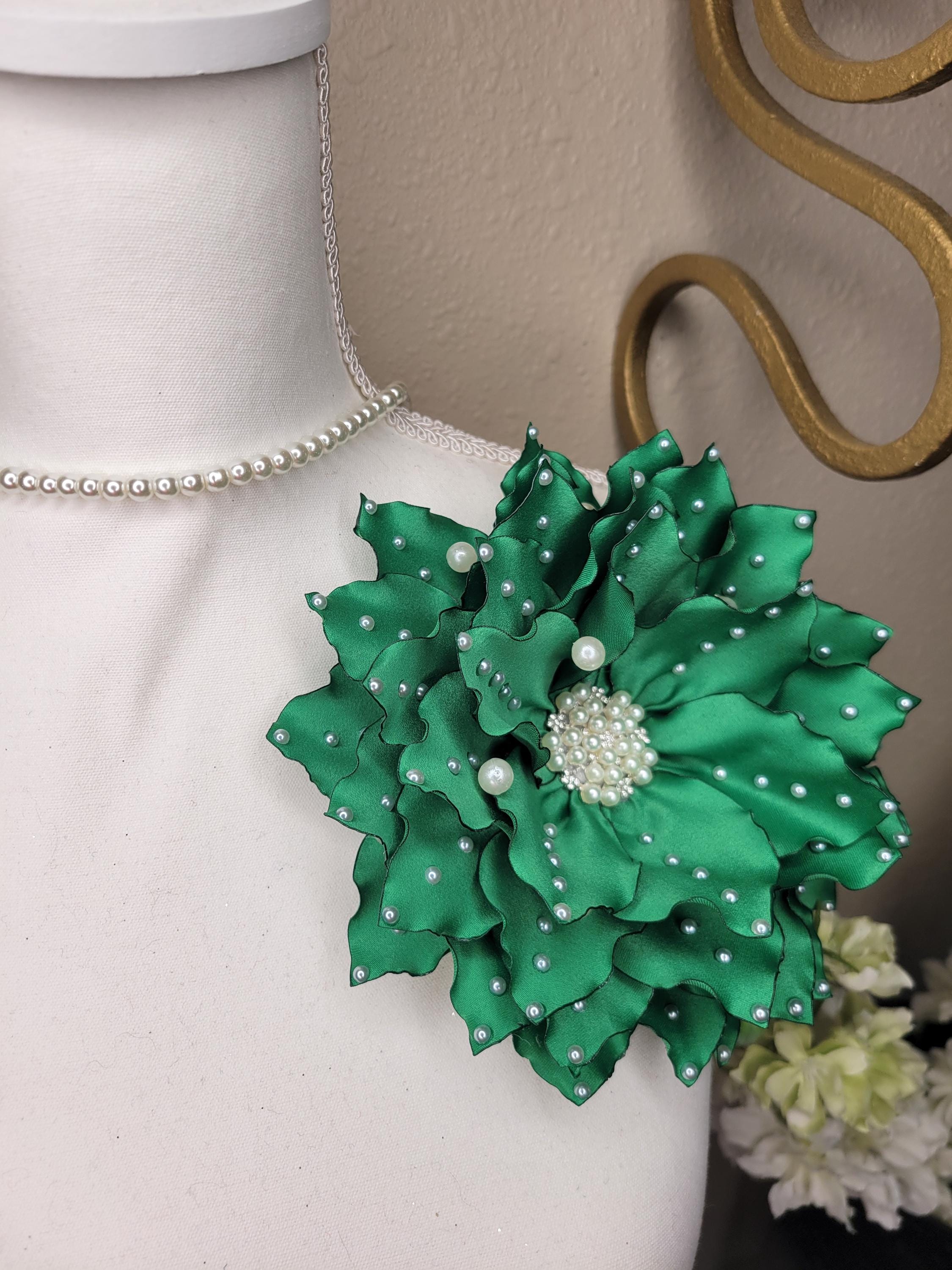 Emerald Green Satin Flower Brooch: Large Pearl Corsage - Etsy