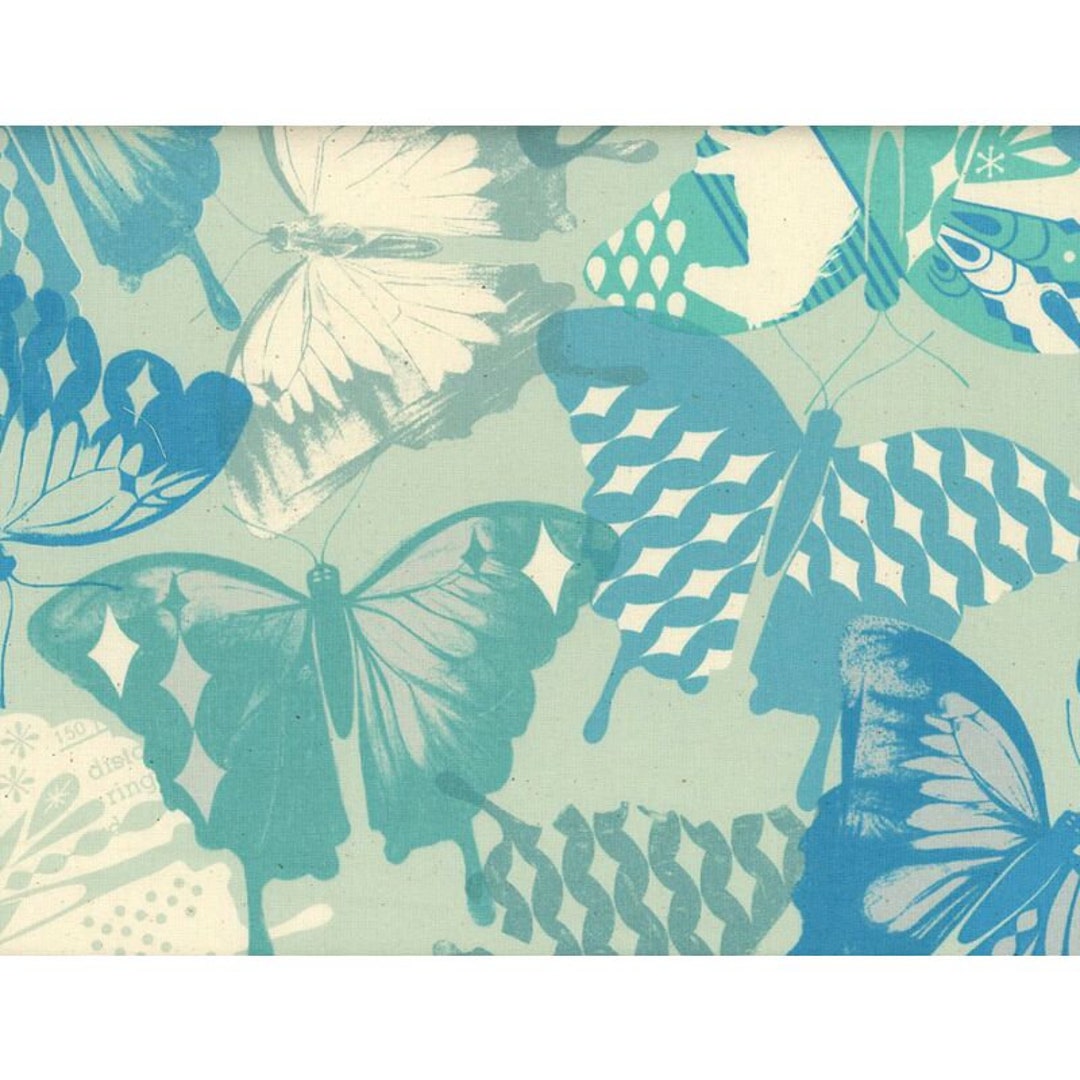Flutter - Fat Quarter or More - Butterflies Aqua Cotton + Steel Melody ...