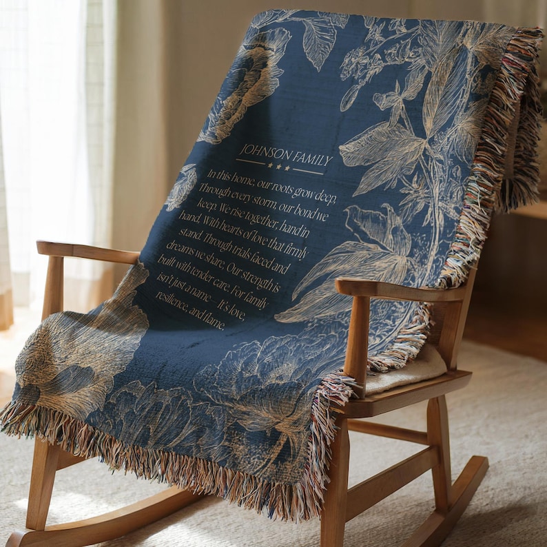 Personalized Family Name Woven Blanket: Poem Vintage Blue Botanical ...