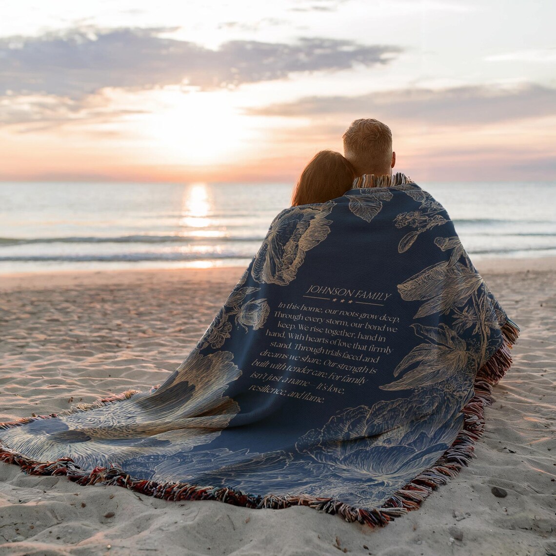 Personalized Family Name Woven Blanket: Poem Vintage Blue Botanical ...