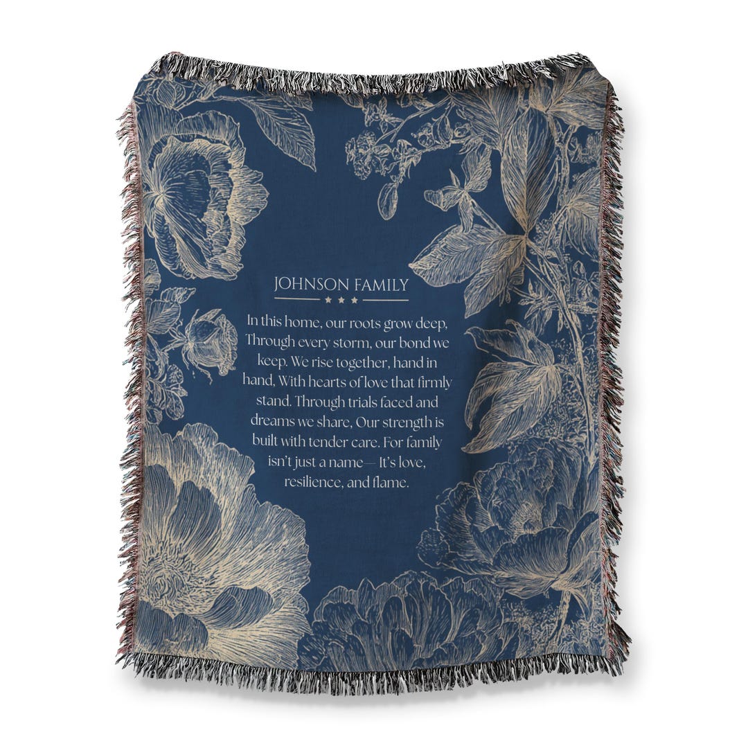 Personalized Family Name Woven Blanket: Poem Vintage Blue Botanical ...