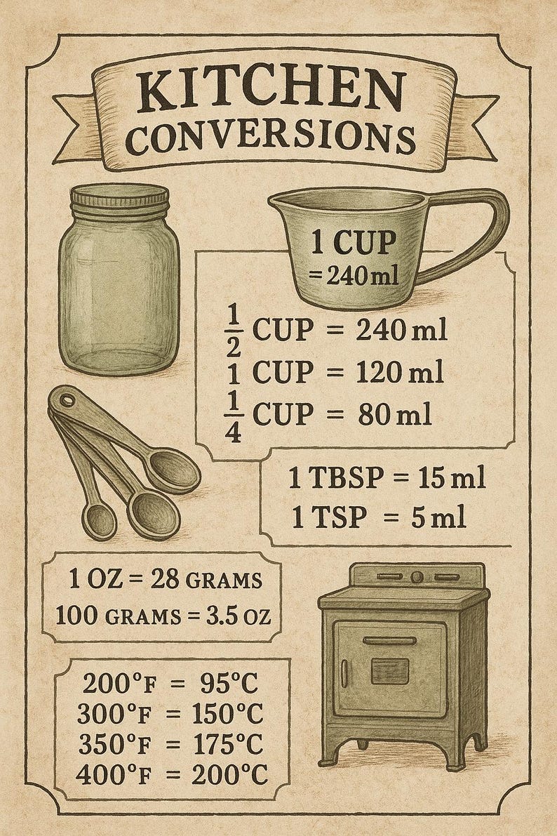Kitchen Conversion Chart Printable – Cooking Measurements Poster, Cups ...