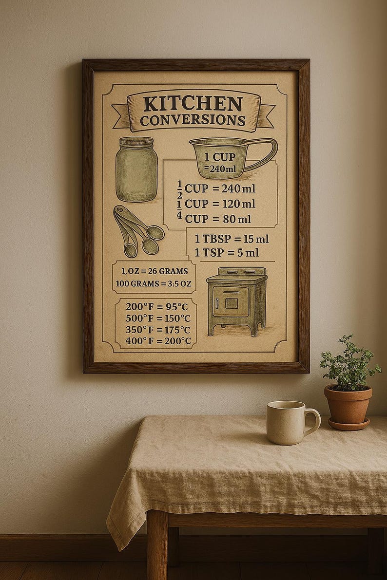 Kitchen Conversion Chart Printable – Cooking Measurements Poster, Cups ...