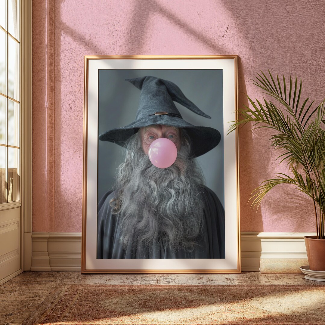 Whimsical Pink Gum Wizard Poster, Surreal Gandalf Inspired Wall Art ...
