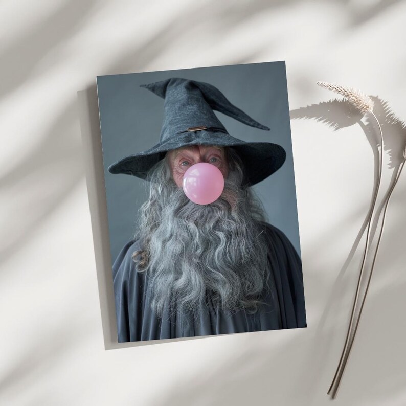 Whimsical Pink Gum Wizard Poster, Surreal Gandalf Inspired Wall Art ...