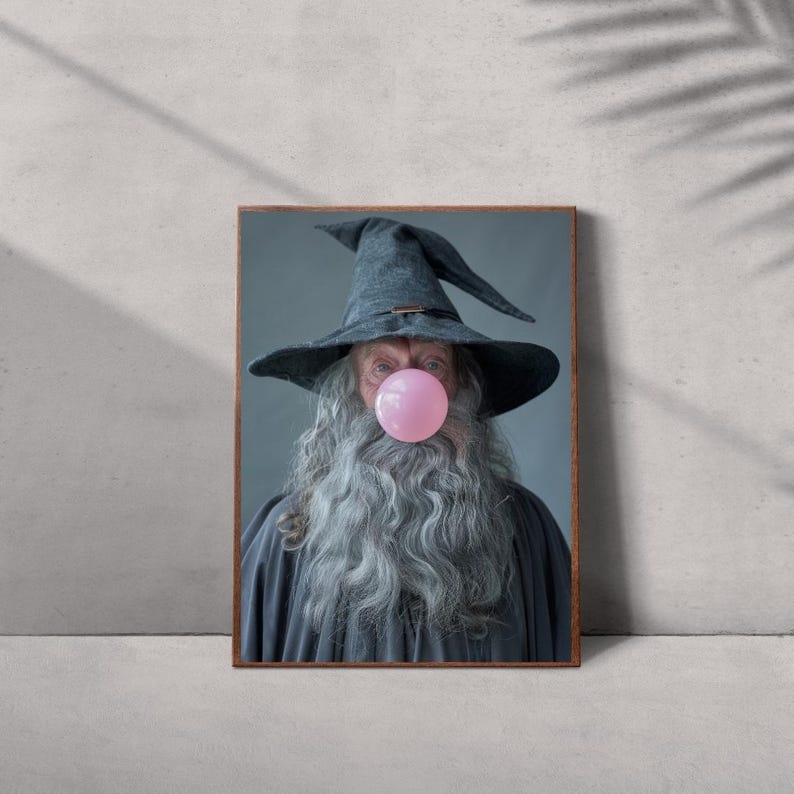 Whimsical Pink Gum Wizard Poster, Surreal Gandalf Inspired Wall Art ...