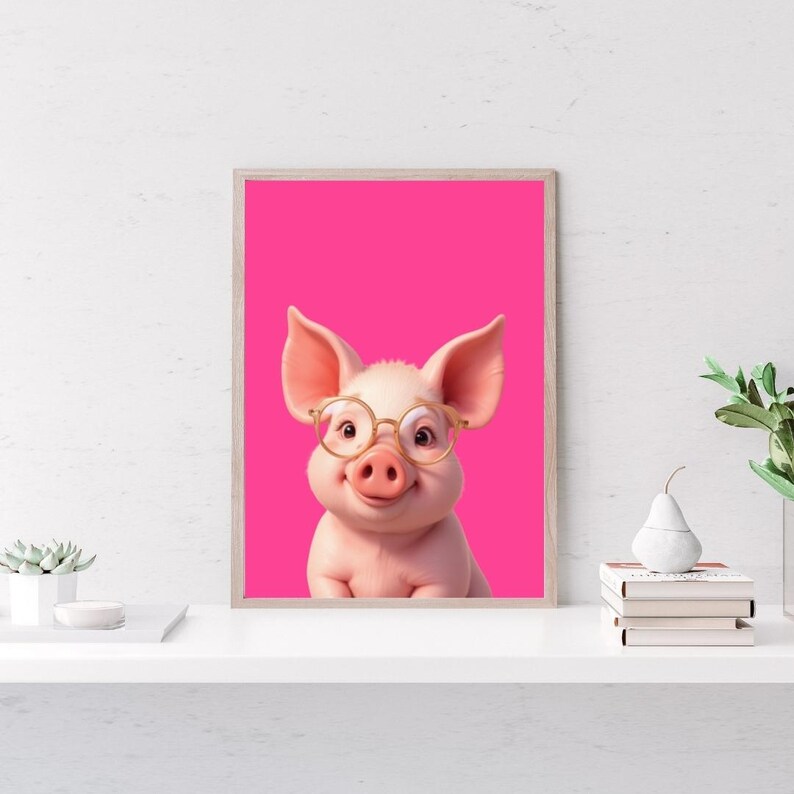Whimsical Pig Illustration: Bespectacled Swine Wall Art for Living Room ...