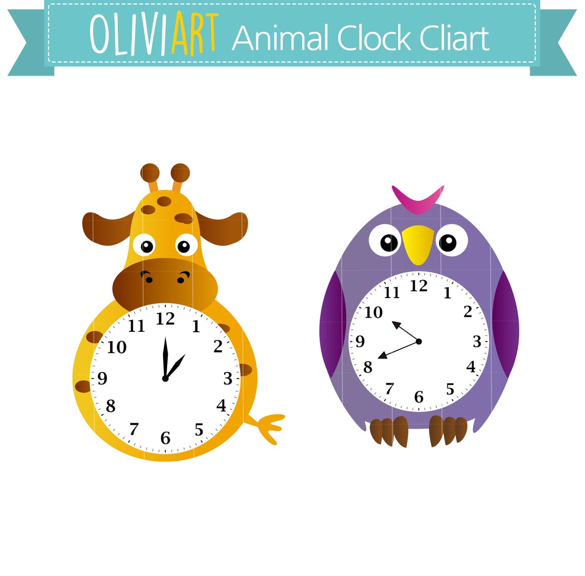 Animal Clock Set Clip Art for Kids Learning Clock - Telling Time ...