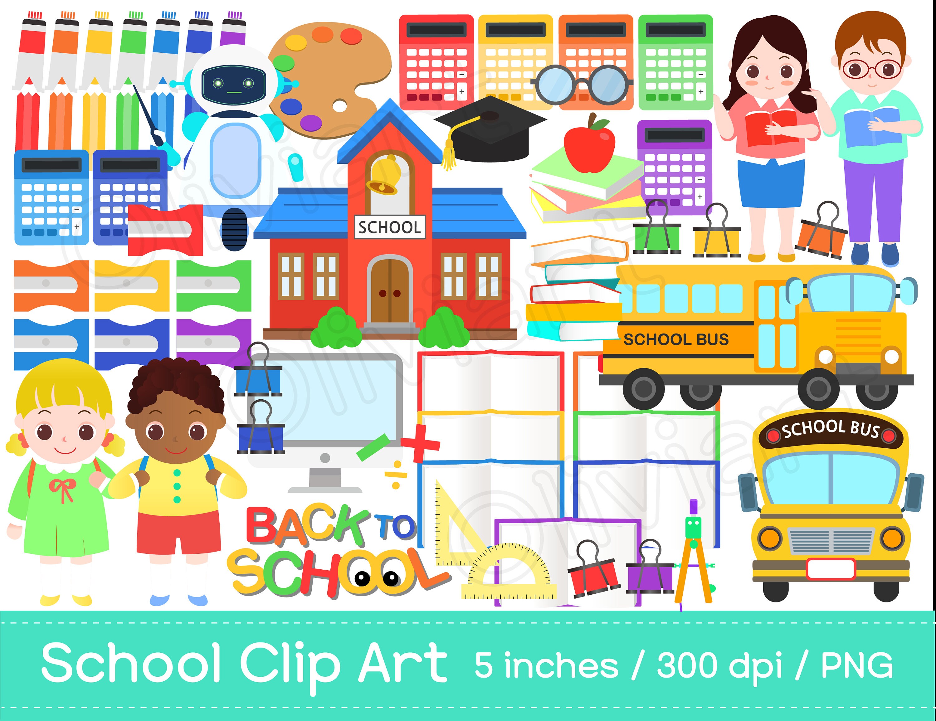 Back to School Clip Art Bundle, School Supplies Clip Art, School Bus ...