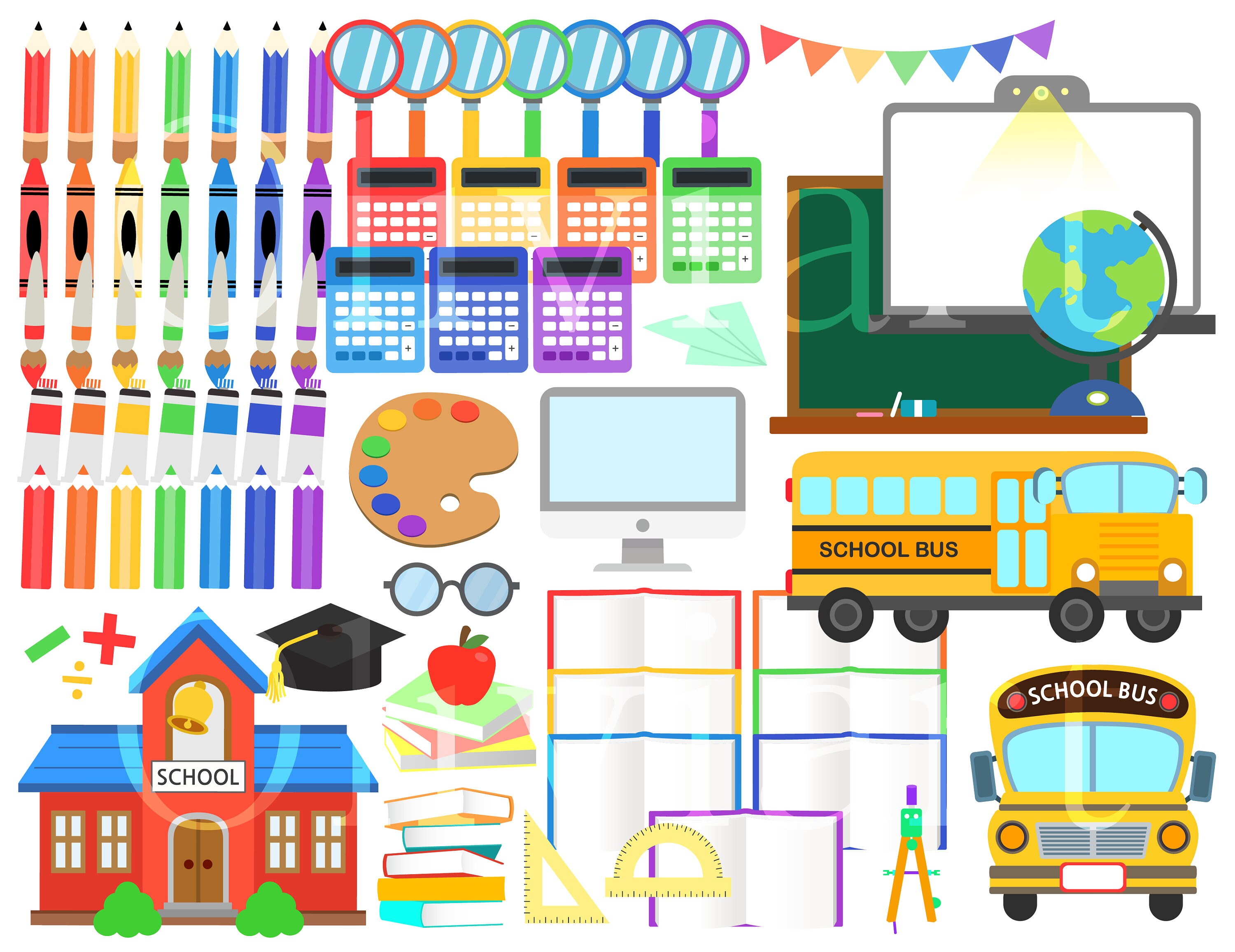 Back to School Clip Art Bundle, School Supplies Clip Art, School Bus ...