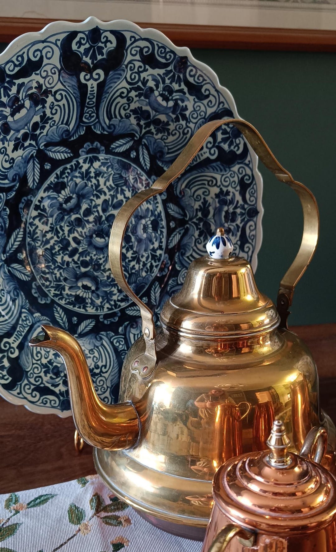 Dutch Brass Kettle With Delft Handle | 1930s | Vintage Usable Tea ...