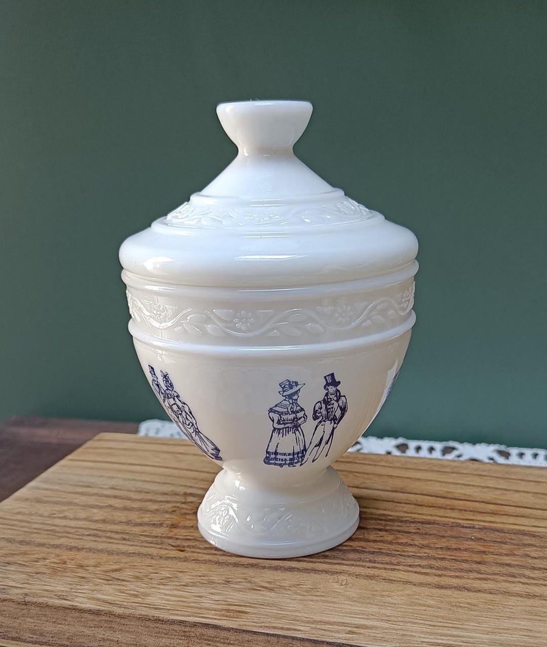 Milk Glass Vintage Lidded Pedestal Dish With Blue Romantic Historical ...