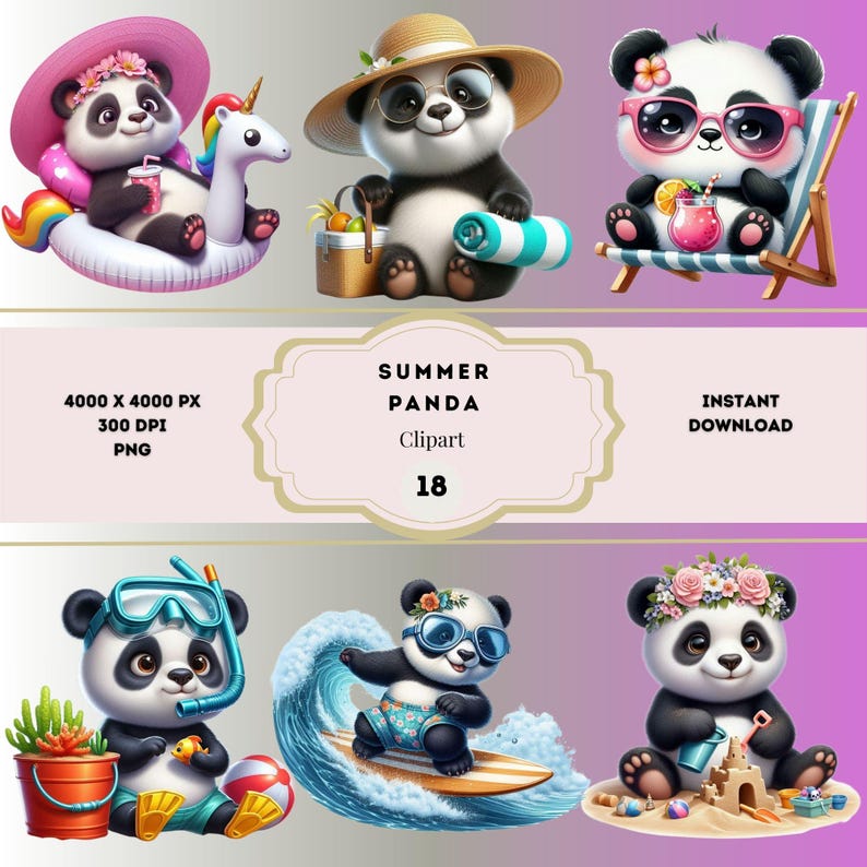 Summer Panda Clipart, Cute Panda Bundle, Adorable Panda PNG, Whimsical ...