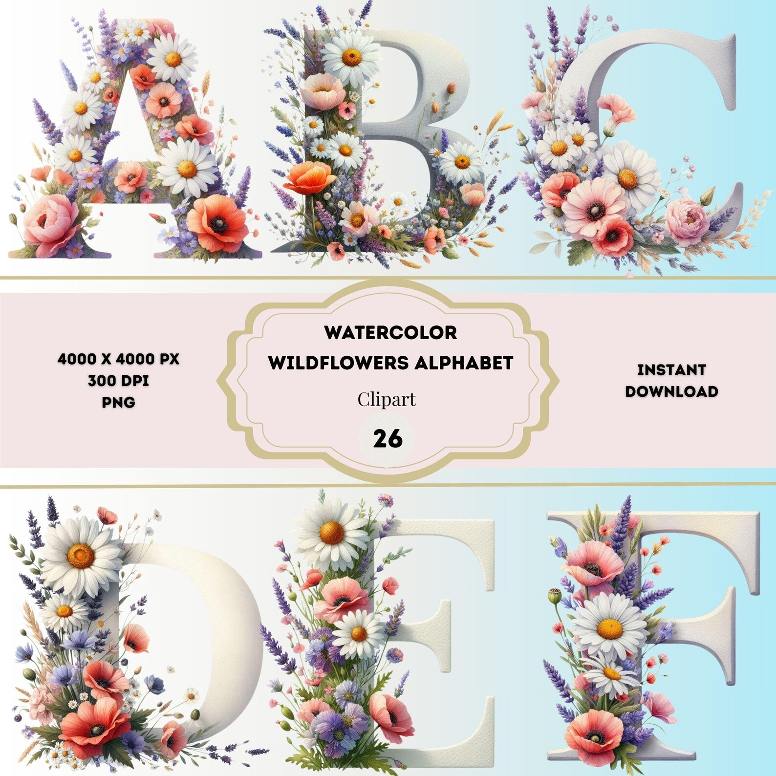 Wildflowers Alphabet Clipart, English Floral Letters PNG, Baby ...