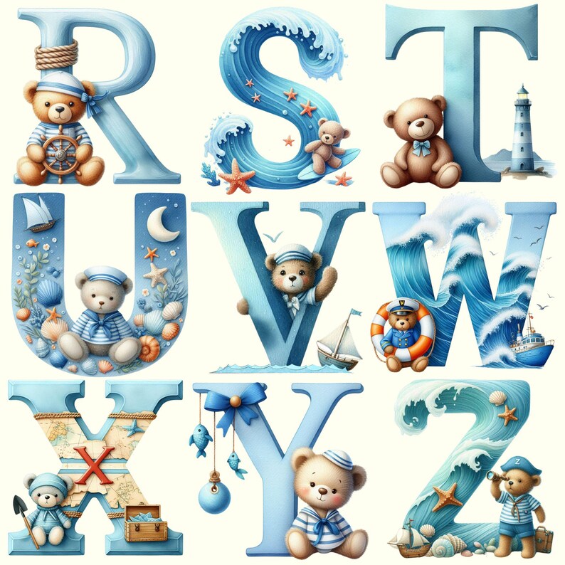 Nautical Teddy Bear Alphabet Clipart, Blue Teddy Bear Alphabet, Cute ...