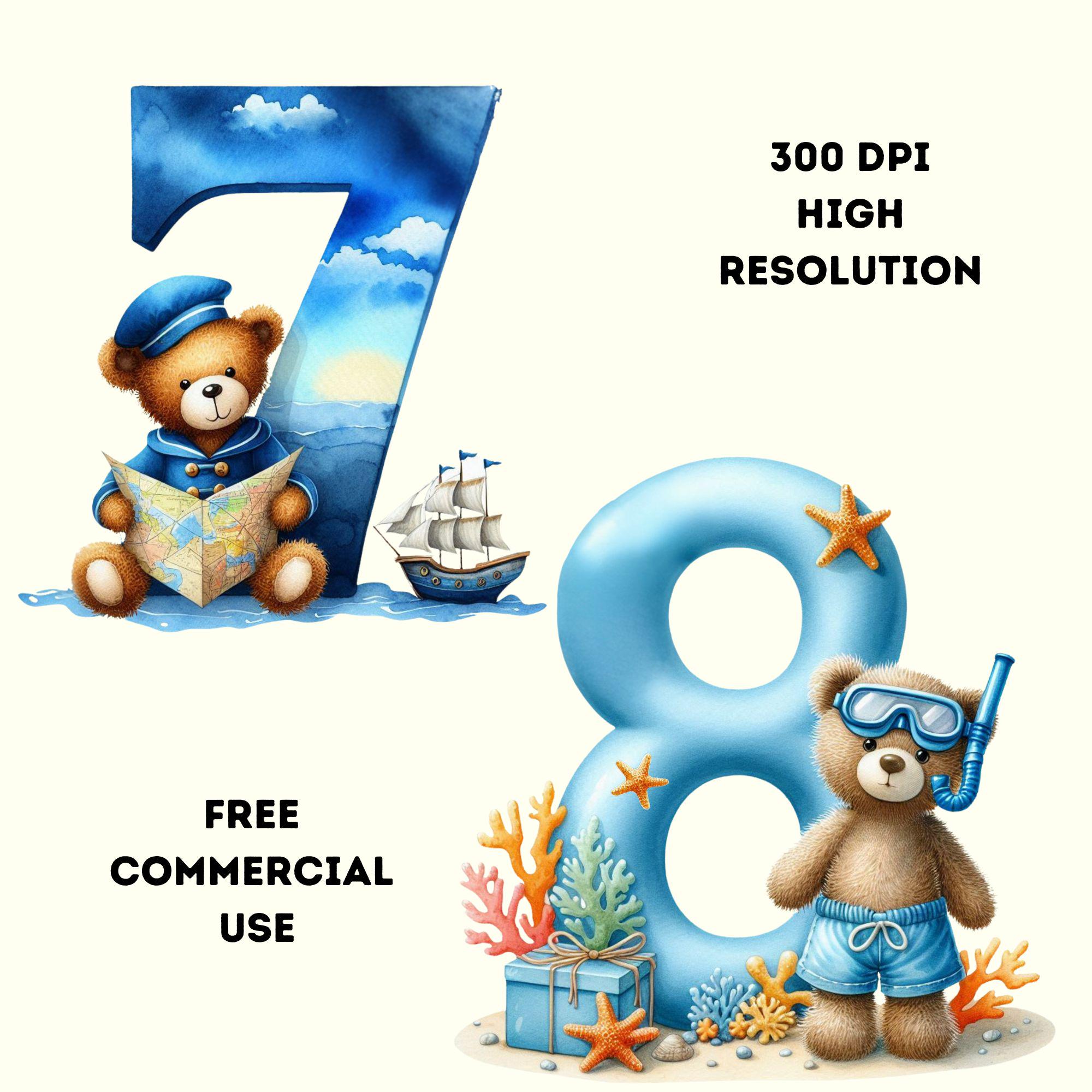 Nautical Teddy Bear Numbers Clipart, Blue Teddy Bear Numbers, Nautical ...