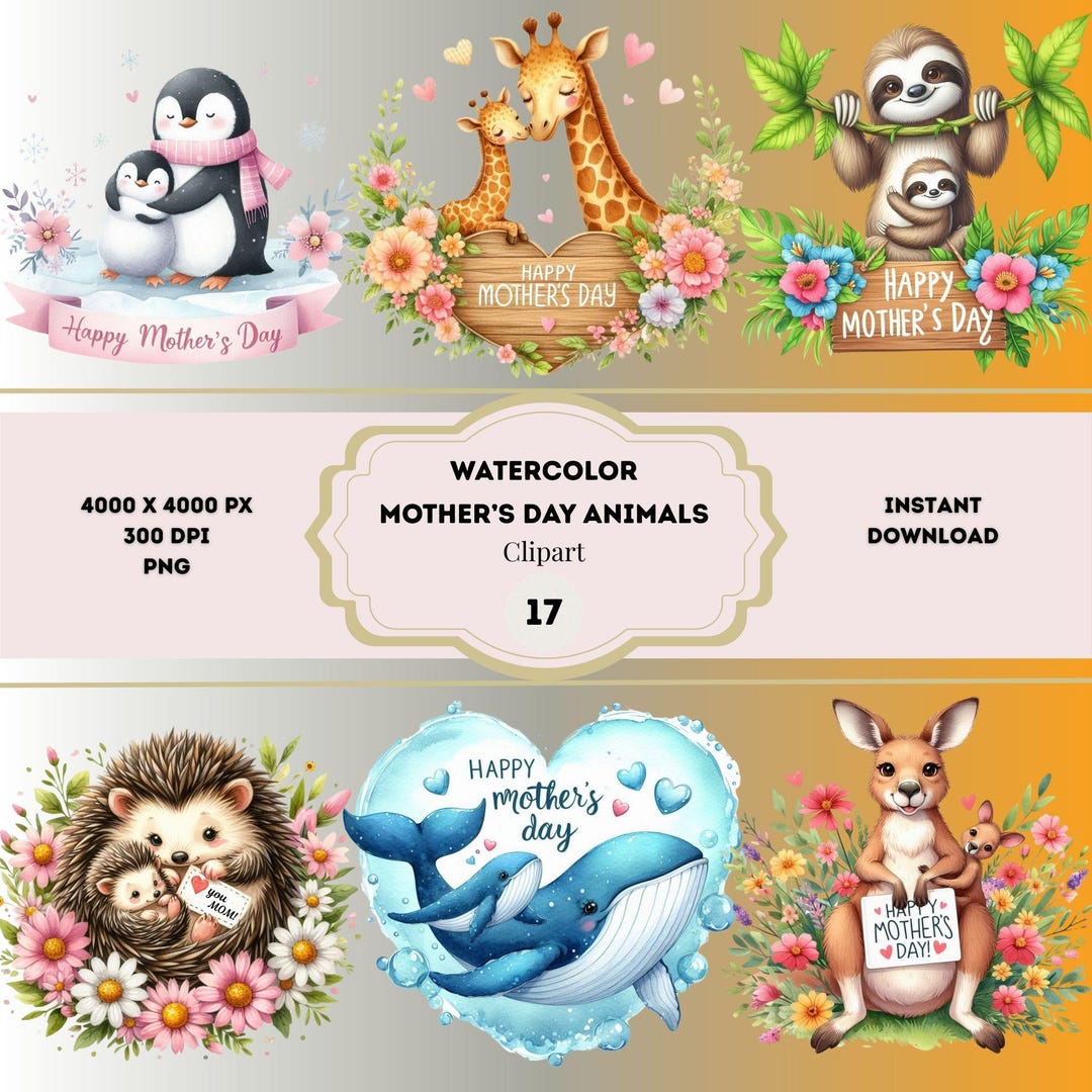 Watercolor Mother's Day Animals Clipart Bundle, Happy Mother's Day PNG ...