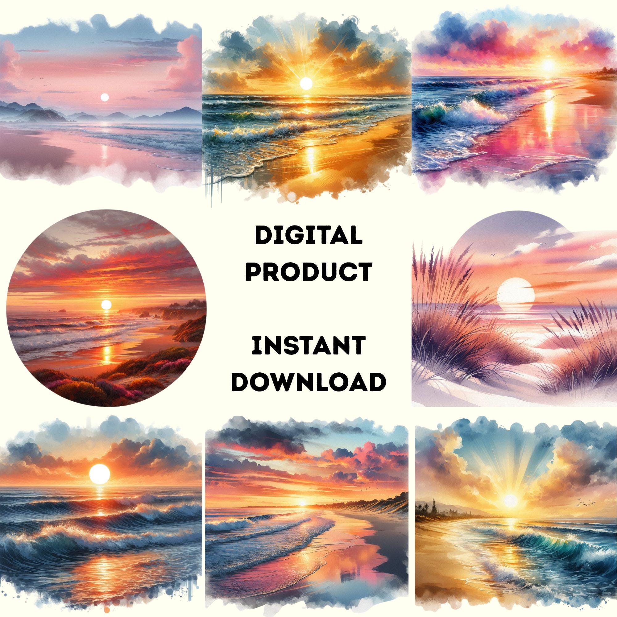 Sunset Beach Scenes Clipart, Retro Summer Beach PNG Bundle, Sea View ...