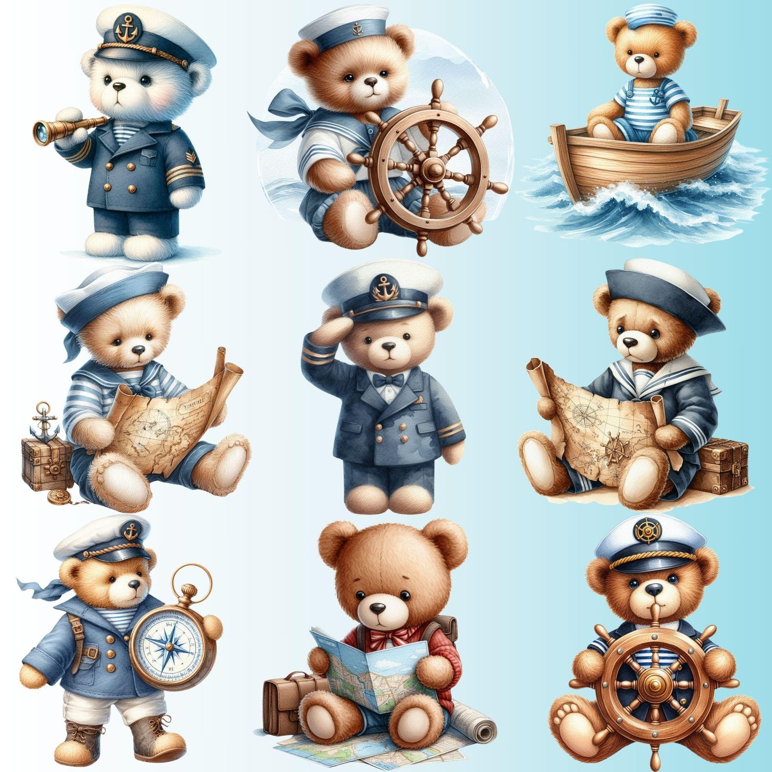 Nautical Teddy Bear Clipart, Watercolor Coastal Clipart, Cute Sailor ...