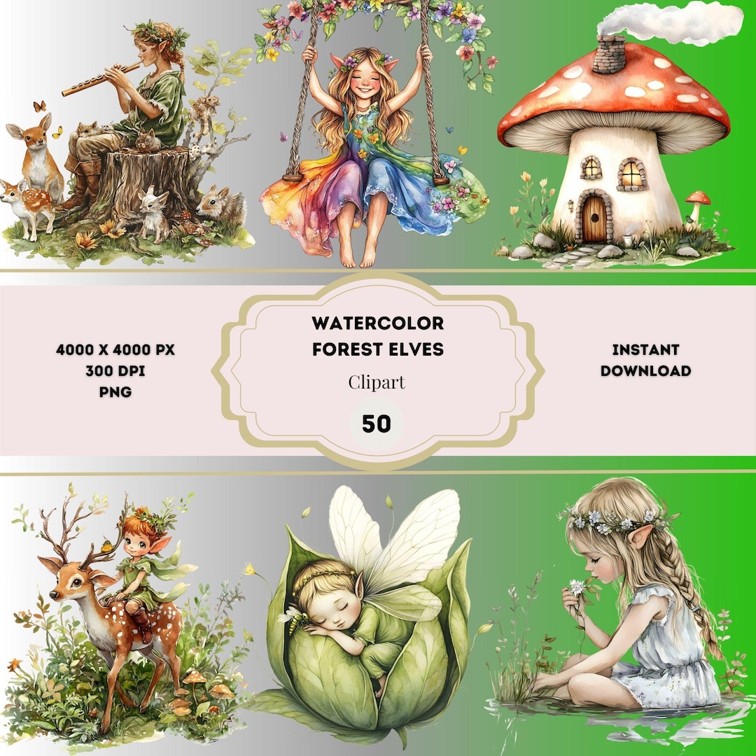 Watercolor Forest Elf Clipart Bundle, Elven Forest Clipart, Enchanted ...