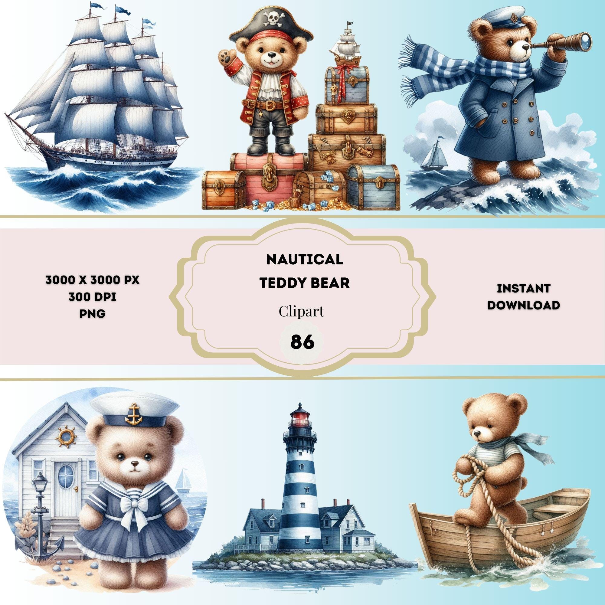 Nautical Teddy Bear Clipart, Watercolor Coastal Clipart, Cute Sailor ...