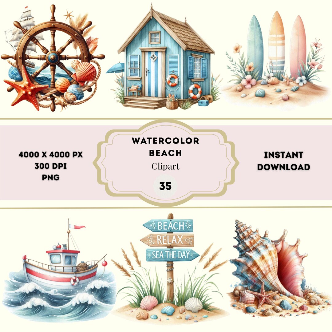 Watercolor Beach Clipart, Nautical Ocean PNG, Summer Clipart, Tropical ...