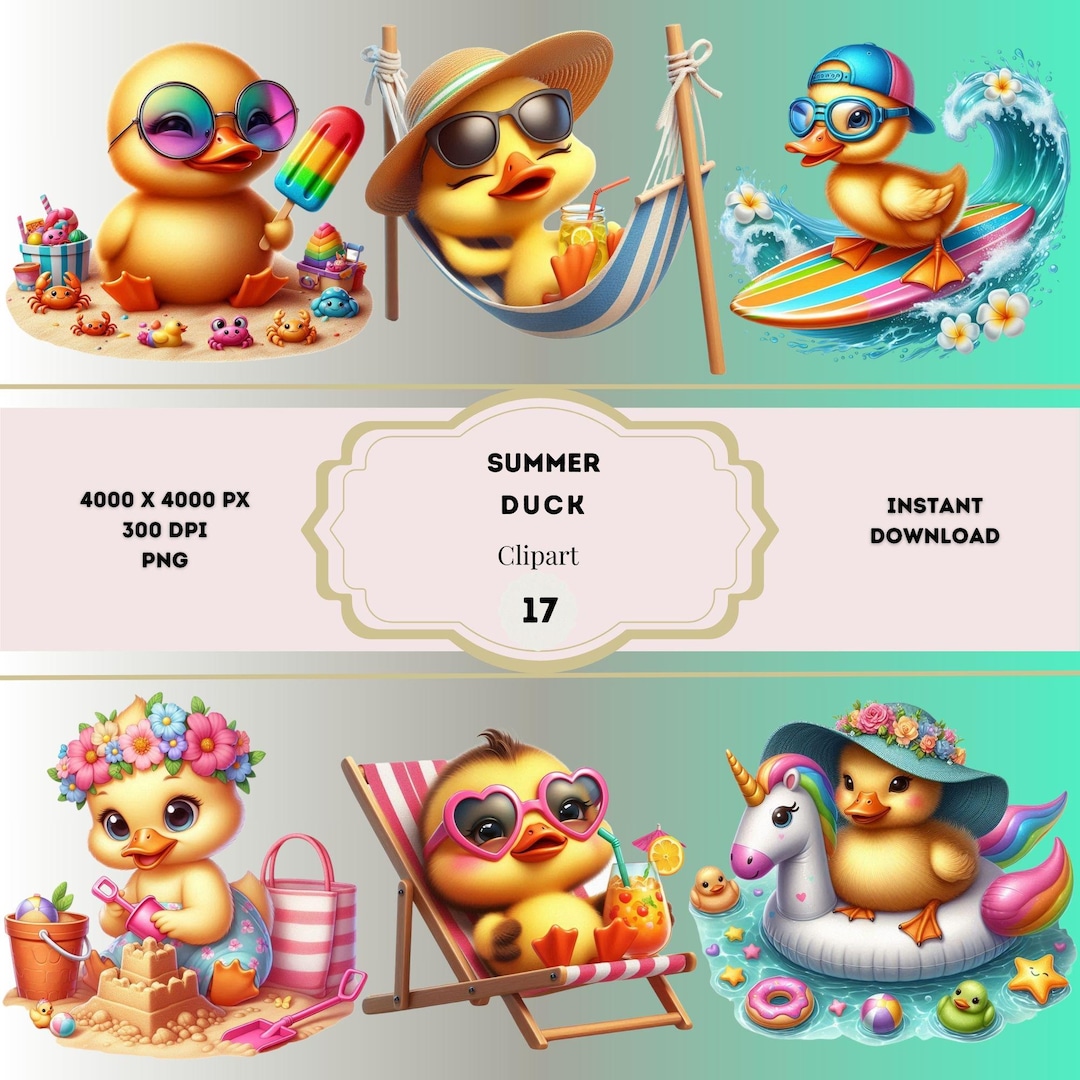 Summer Duck Clipart Bundle, Beach Duck PNG, Whimsical Duck Clip Art ...
