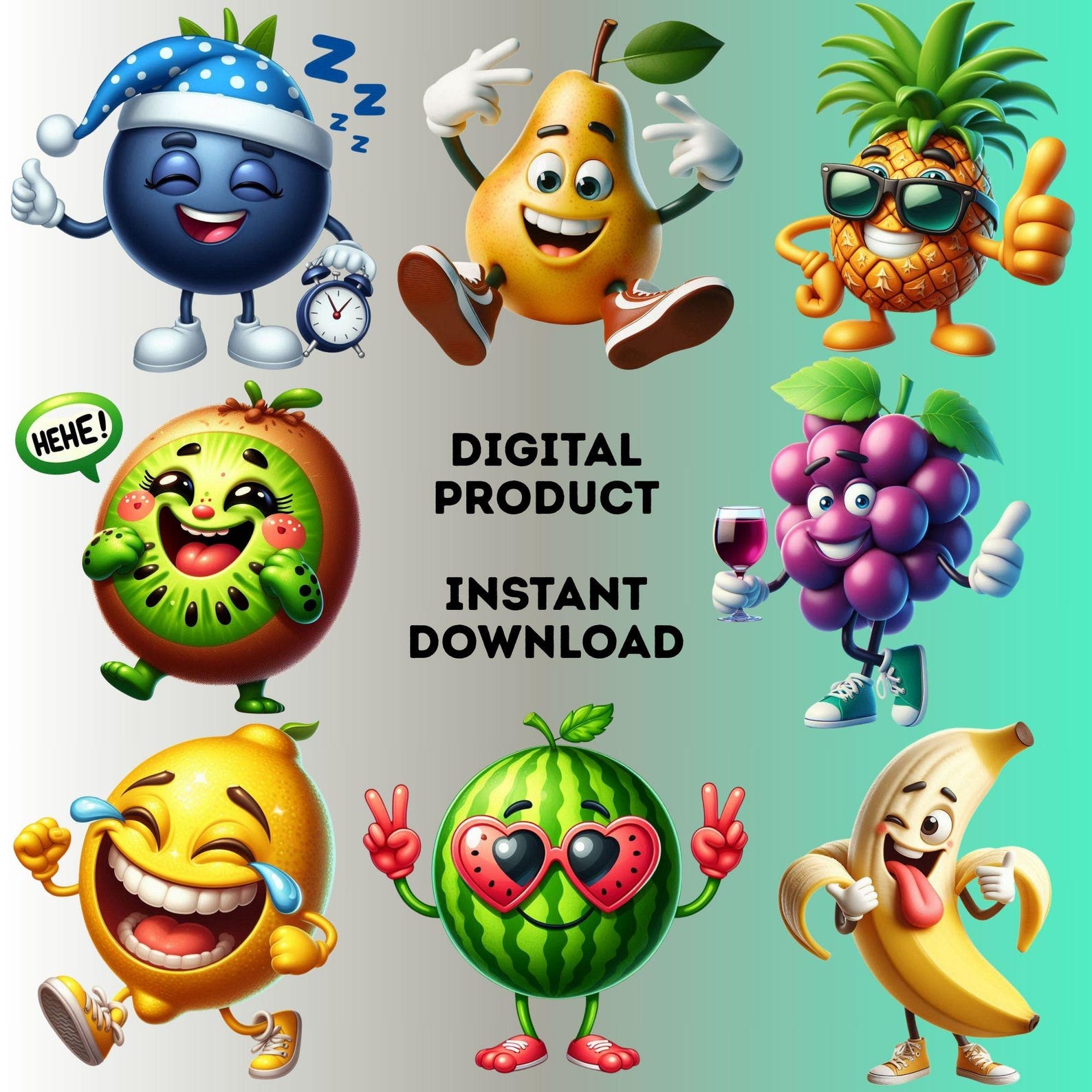 Funny Fruity Faces Clipart, Summer Funny Fruit Clipart, Summer Clipart ...