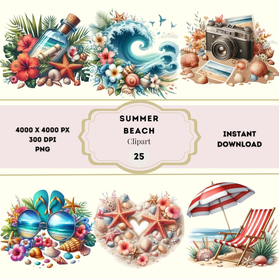 Summer Beach Clipart, Nautical Ocean Clipart, Beach Day PNG Bundle ...
