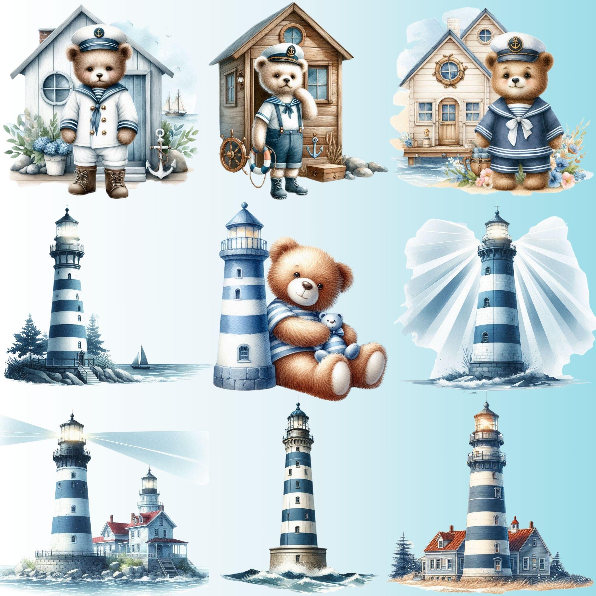 Nautical Teddy Bear Clipart, Watercolor Coastal Clipart, Cute Sailor ...