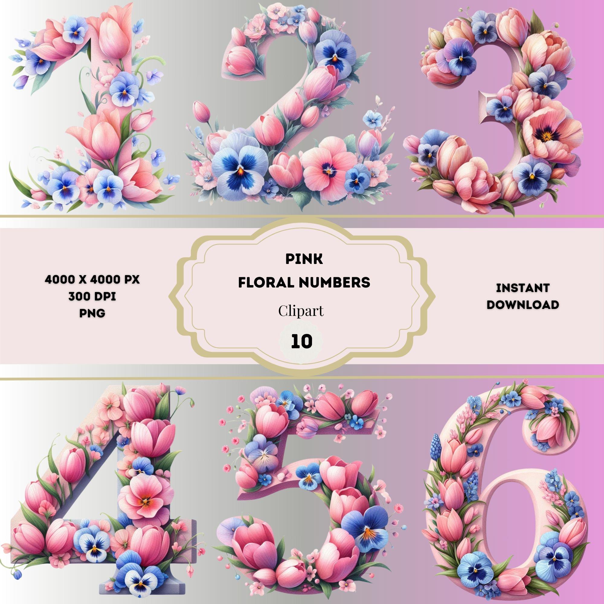 Pink Floral Numbers Clipart, Garden Flowers Table Numbers, Watercolor ...
