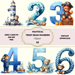 Nautical Teddy Bear Numbers Clipart, Blue Teddy Bear Numbers, Nautical ...